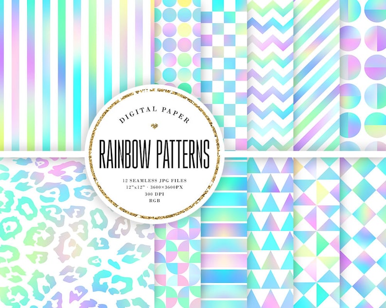 Pastel Rainbow Seamless Patterns, Geometric Ombre Digital Paper, White ...