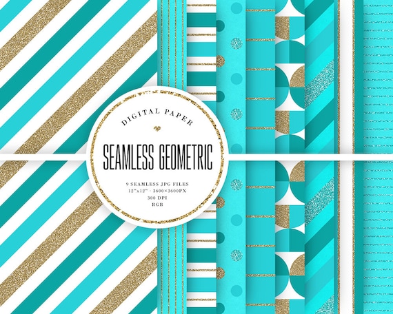 Aqua Blue & Gold Seamless Geometric Patterns Turquoise and | Etsy