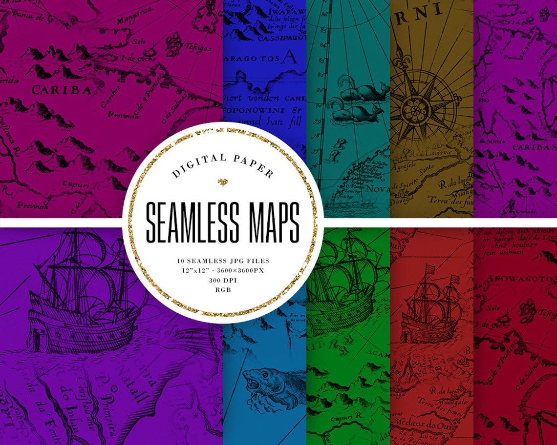 Dark Vintage Maps Seamless Digital Paper Dark Nautical | Etsy