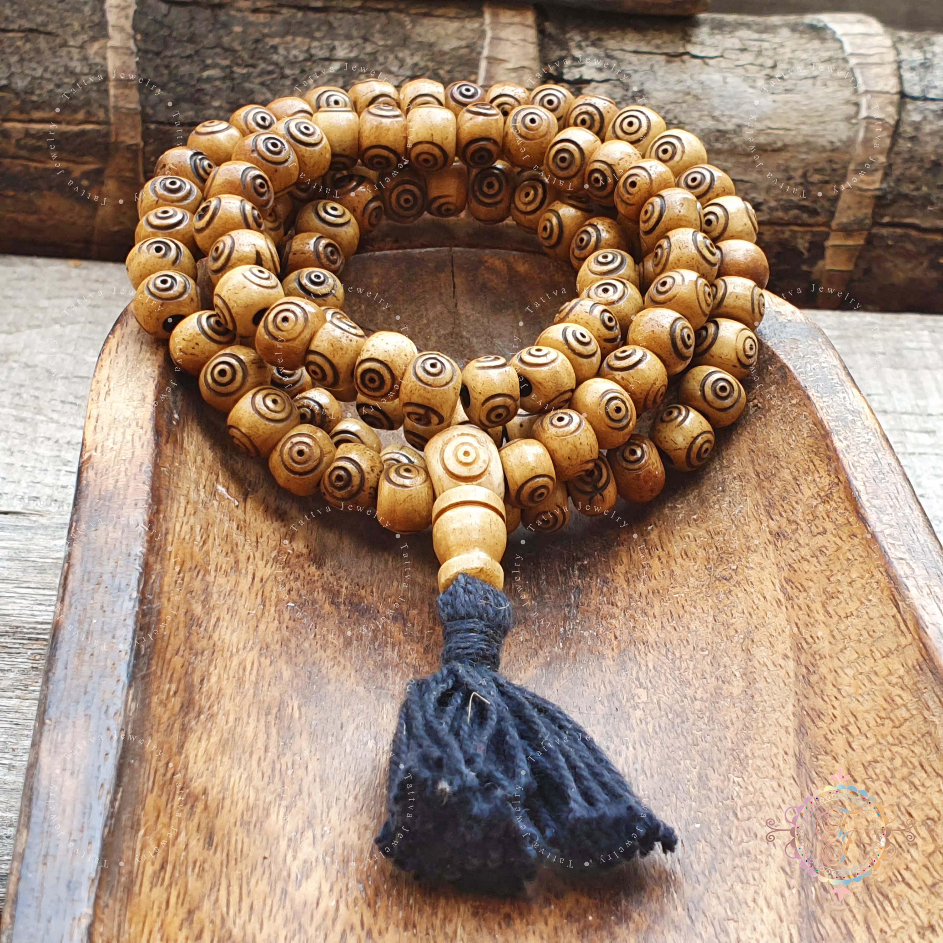 108 Buddha Eye Yak Bone Mala: Engraved Prayer Beads, Nepalese Necklace ...