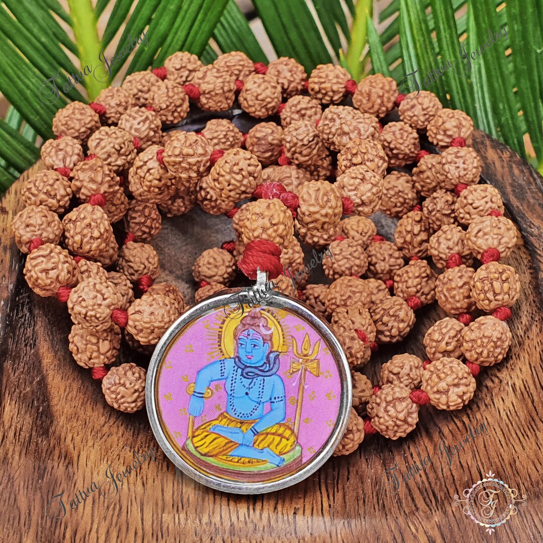 Rudraksha Mala With Shiva Pendant in Silver Frame: 108 Bead Prayer ...