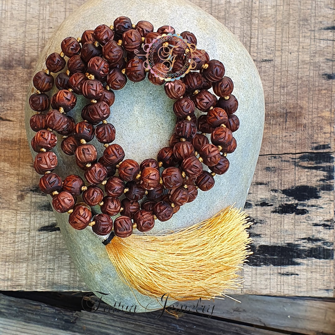 Radha Engraved Dark Brown Tulsi Mala for Rejuvenation, Basil Wood Bead ...