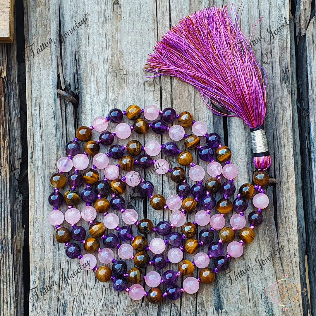 Fearlessness Mala: Rose Quartz, Tiger Eye & Amethyst 108 Bead Necklace ...