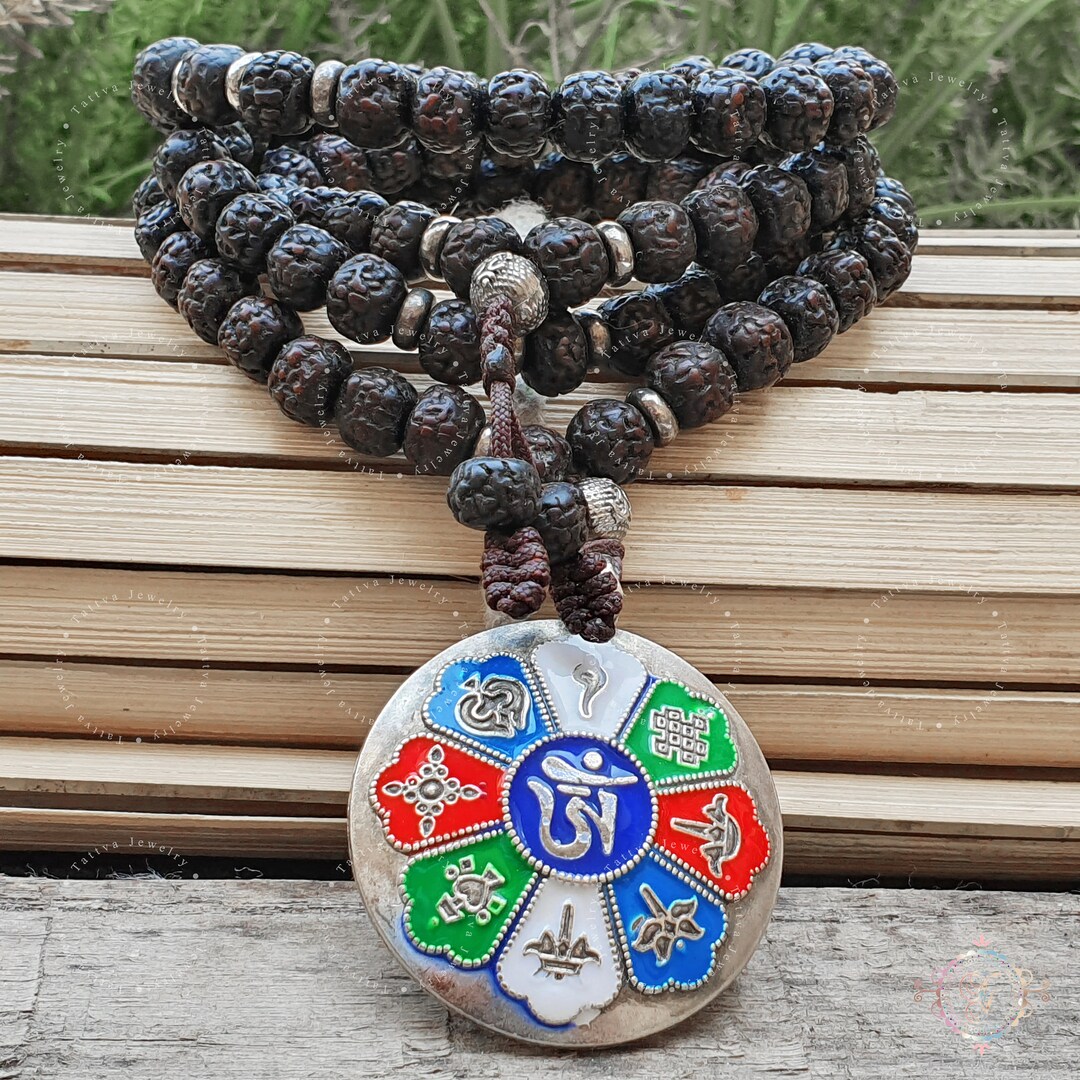 108 Natural Aged Black Rudraksha Mala Necklace With 8 Lucky Symbols ...