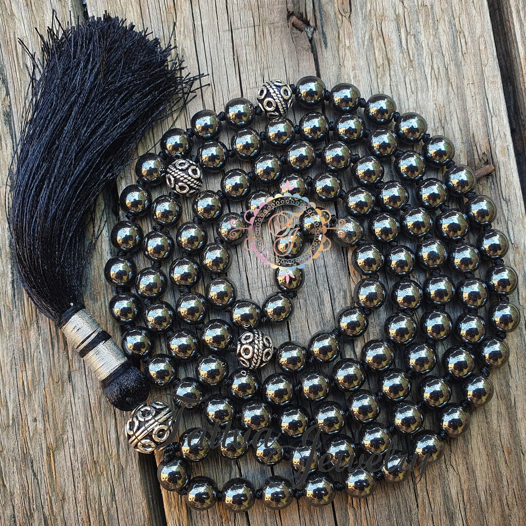 Magnetic Hematite 108 Bead Mala Necklace: Relief, Grounding, Yoga Gift ...
