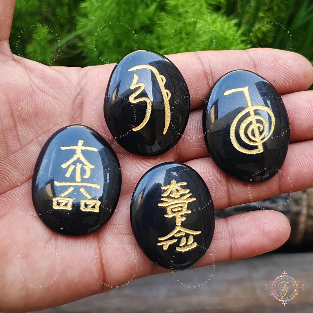 Black Agate Palm Stone Set of 4 | Reiki Symbol Disc Set | Usui Reiki ...