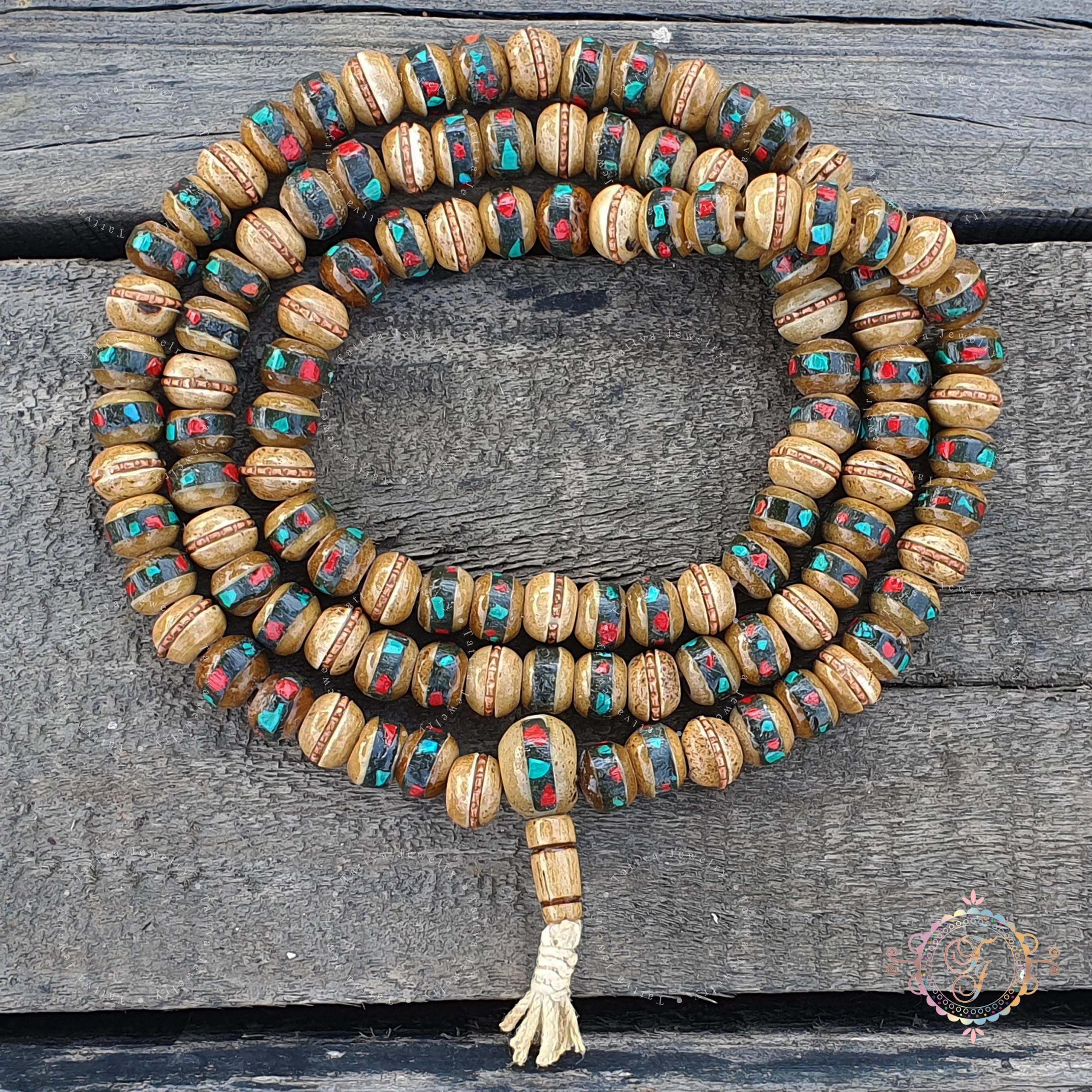 Tibetan Rosary Inlay Yak Bone 108 Beads Mala Necklace, Meditation Mala ...