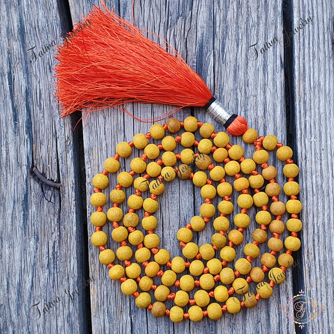 Buy Handcrafted Turmeric Mala Necklace: 108 Prayer Beads With Silk ...