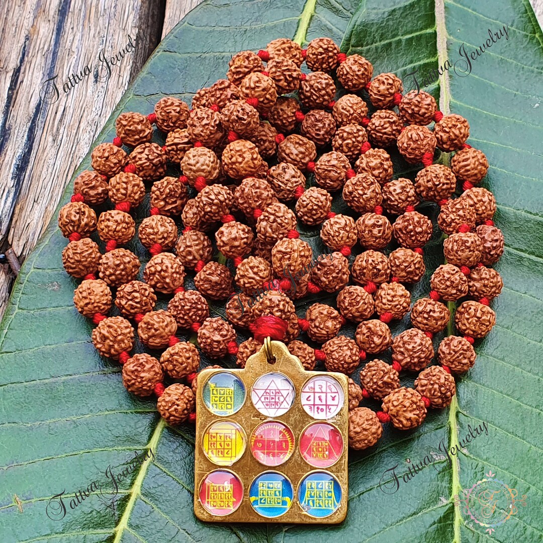 Rudraksha Mala Necklace: 108 Prayer Beads With Navgraha Yantra Pendant ...