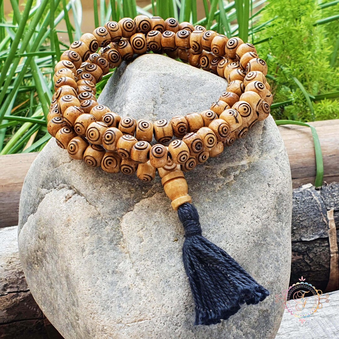 108 Buddha Eye Yak Bone Mala: Engraved Prayer Beads, Nepalese Necklace ...