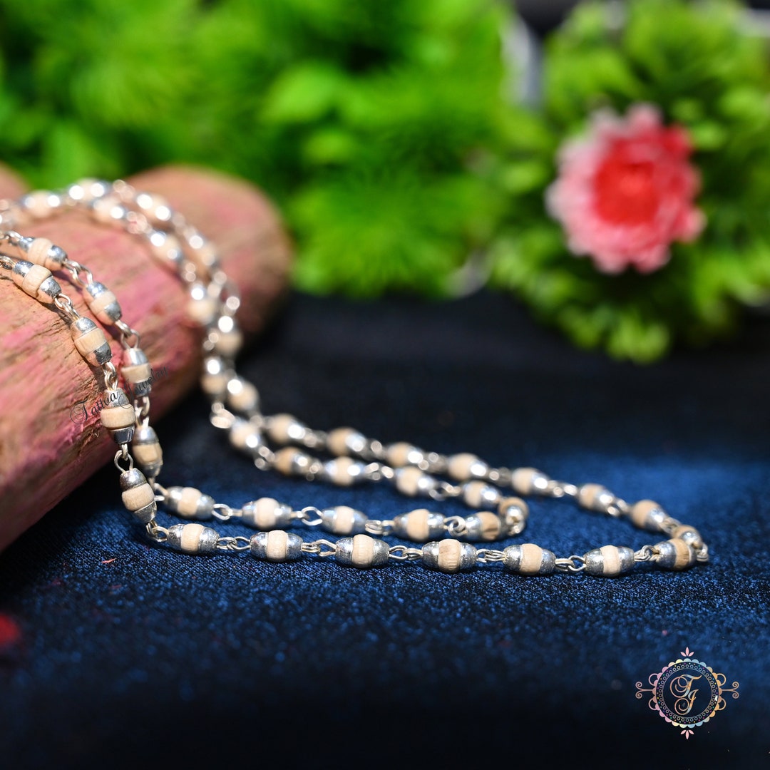 White Tulsi Necklace, Tulsi Rosary in 925 Silver, Tulsi Mala Necklace ...