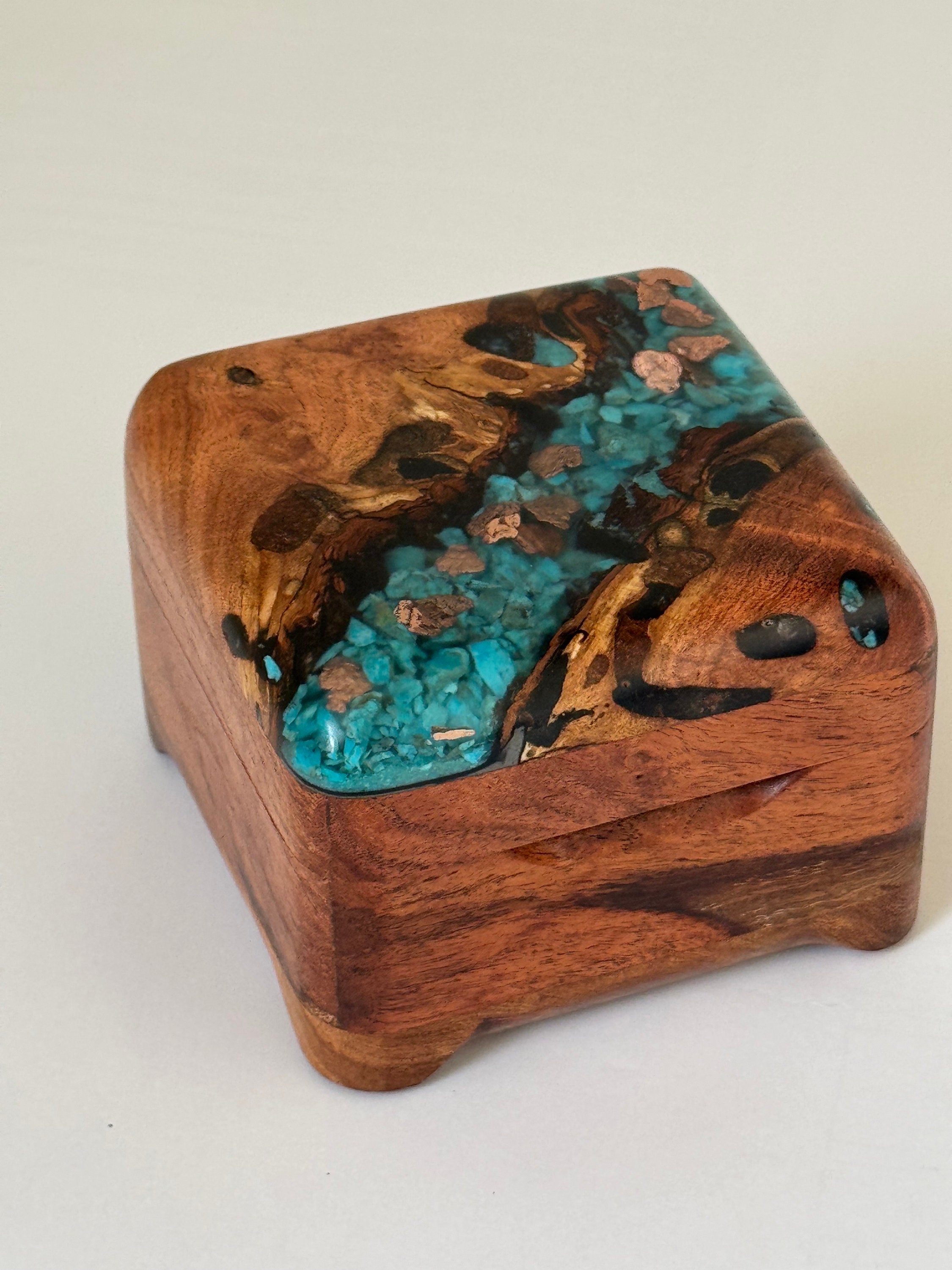 Burl Mesquite Box L With Kingman Turquoise Inlay. Leather Interior - Etsy