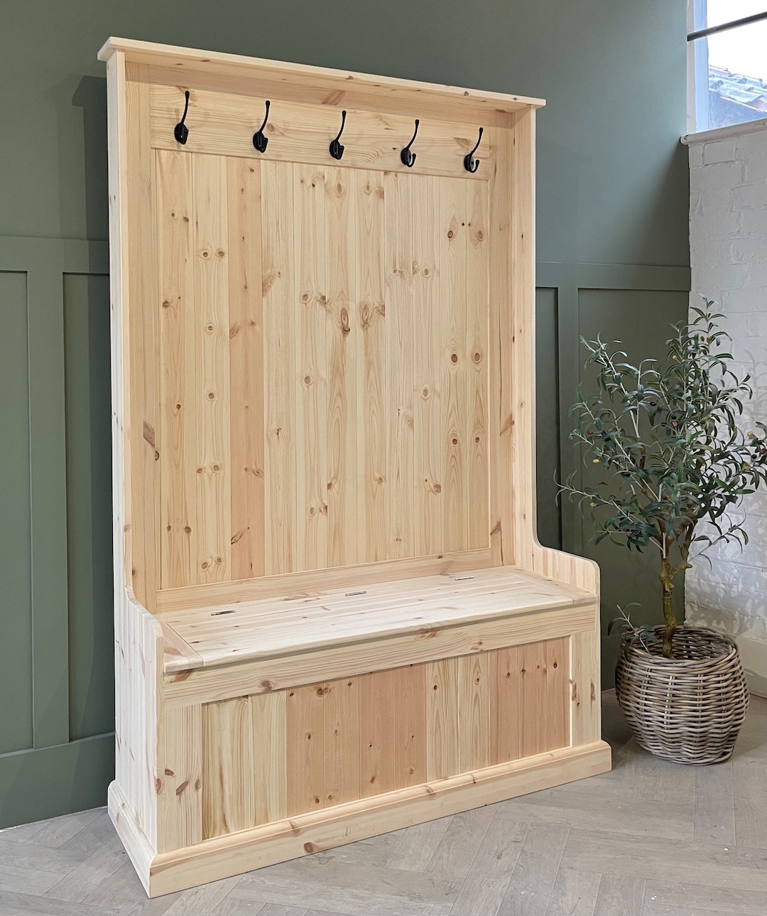 Unpainted, Natural Wood Tall Bench With Coat Hooks, Hall Storage Bench ...