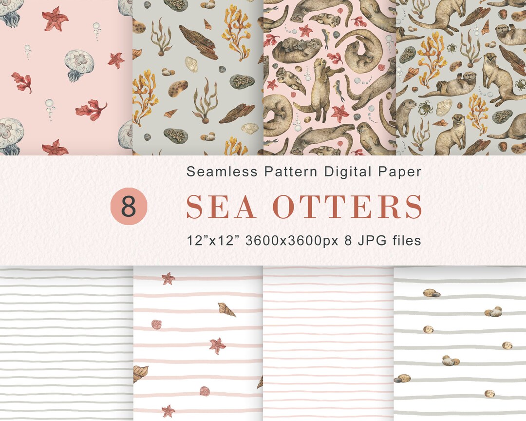 Watercolor Sea Otters Seamless Pattern Digital Paper Cute Animals Ocean ...