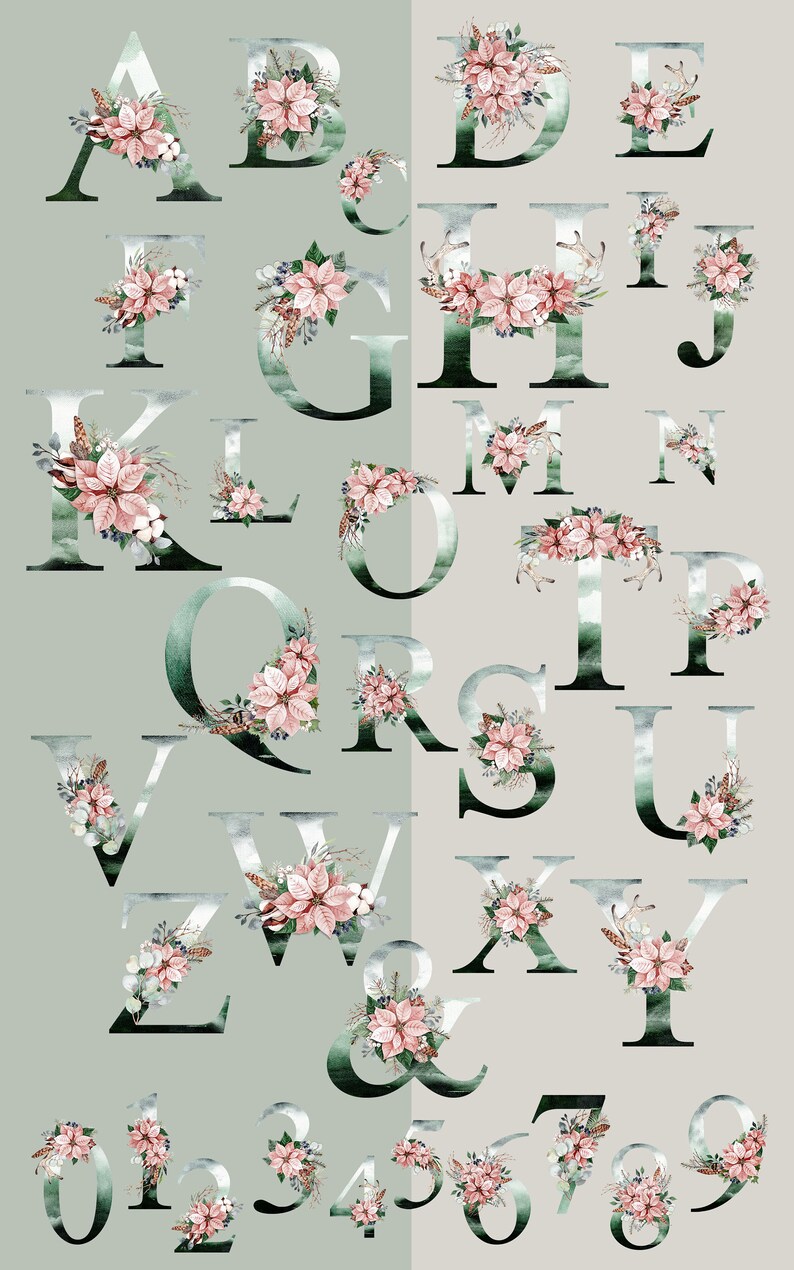 Watercolor Floral Alphabet Christmas Decor Winter Flower Letters Number ...