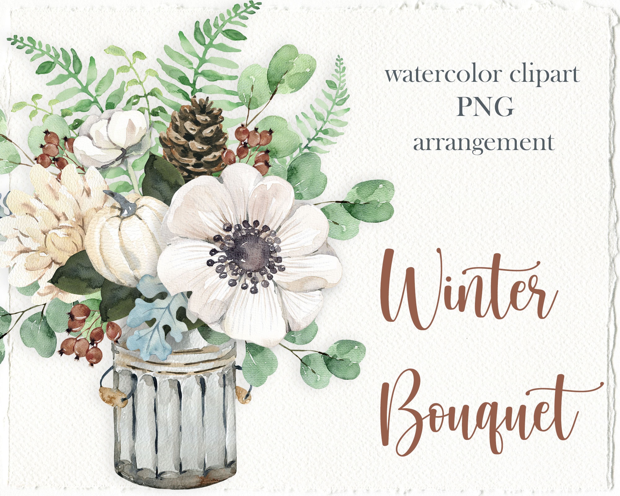 Watercolor Winter Bouquet Clipart White Flowers Clip Art - Etsy