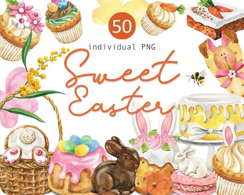 Watercolor Easter Sweets Clipart Cute Easter Clipart Sweet Rabbits ...