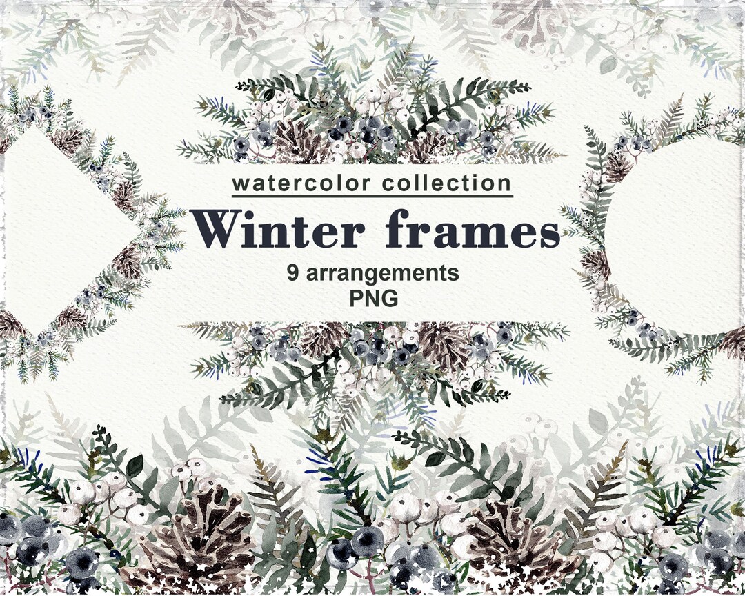 Winter Watercolor Clipart Christmas Wreath Digital Frames Borders ...