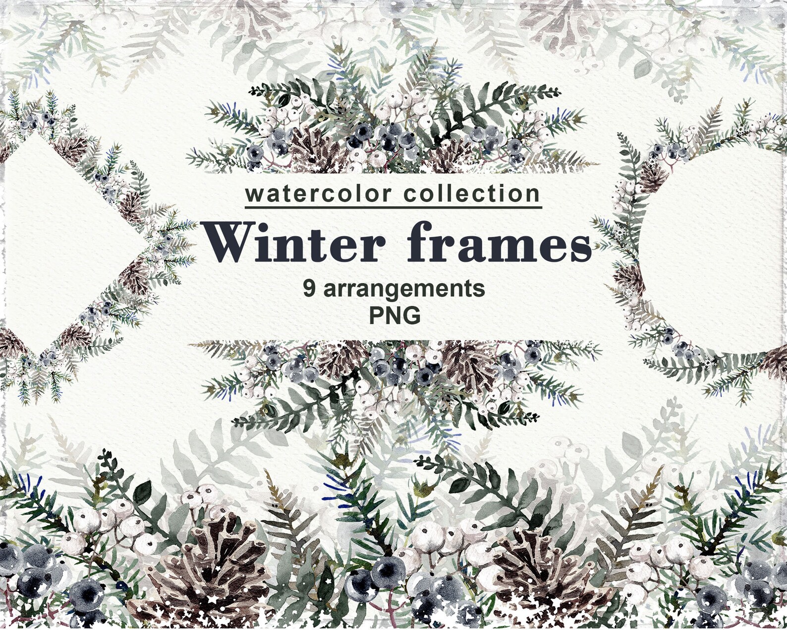 Winter Watercolor Clipart Christmas Wreath Digital Frames Borders ...