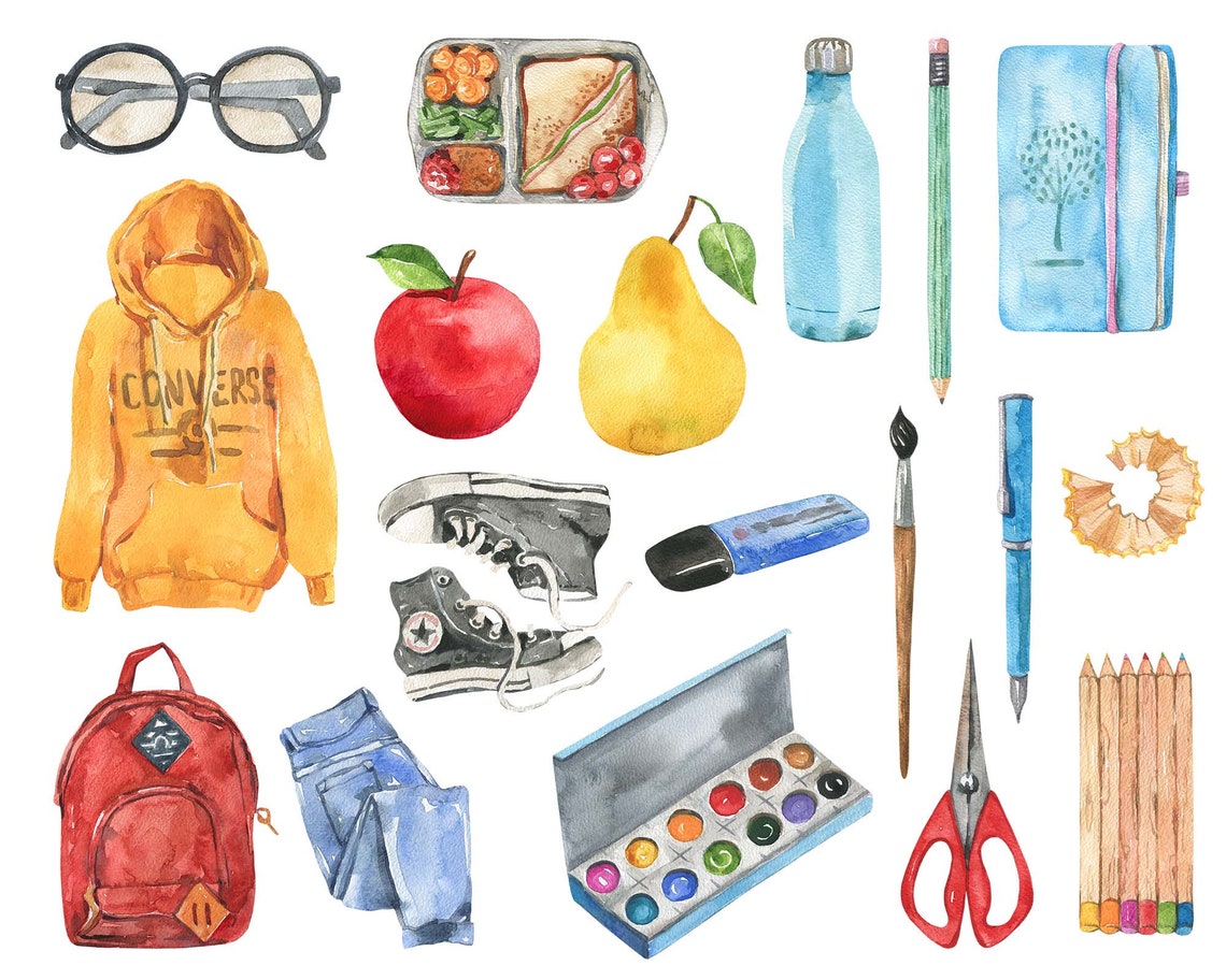 Watercolor Back to School Clipart School Accessories Teacher - Etsy