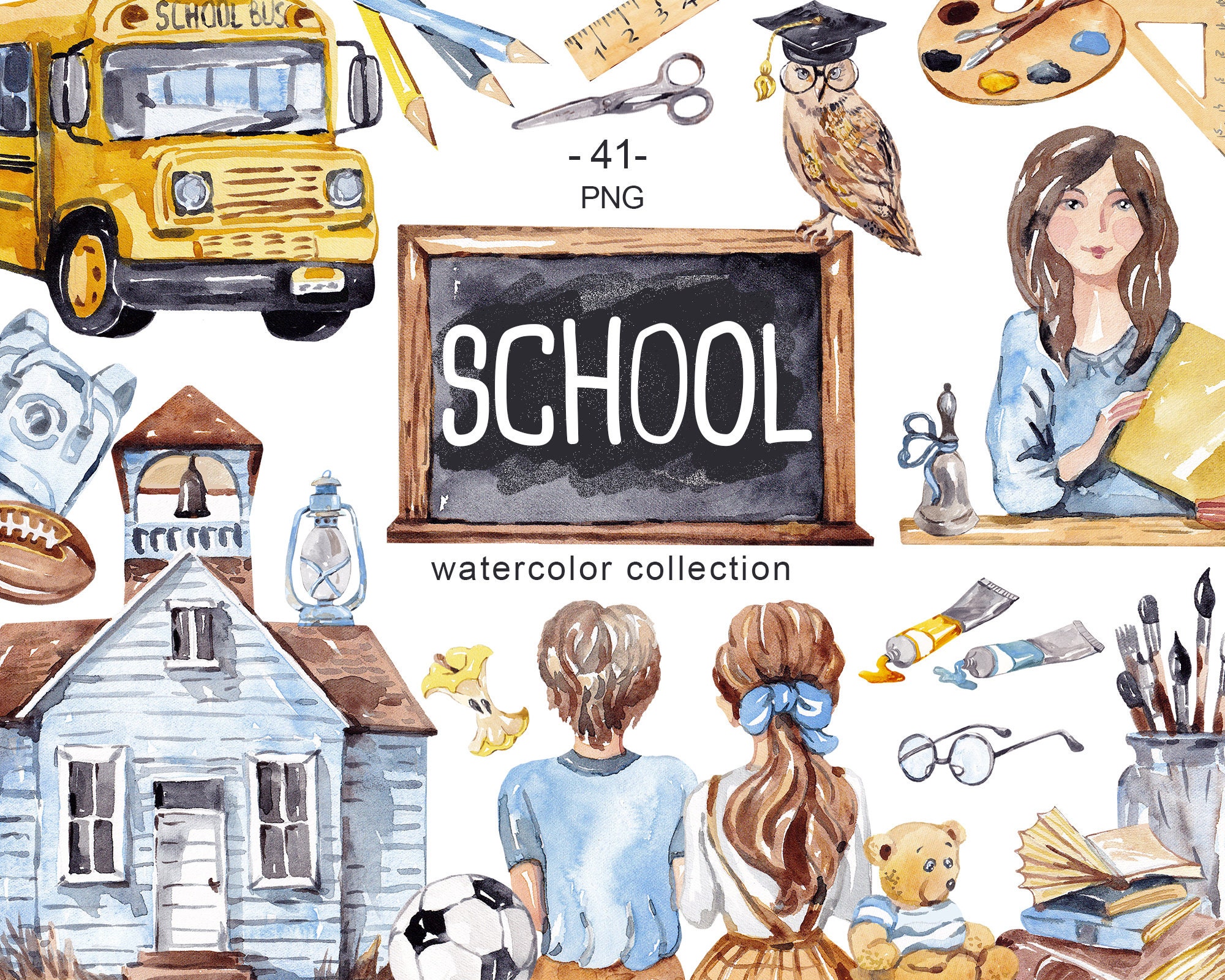 Clip Art School Watercolor School Clipart Teacher Clip Art - Etsy