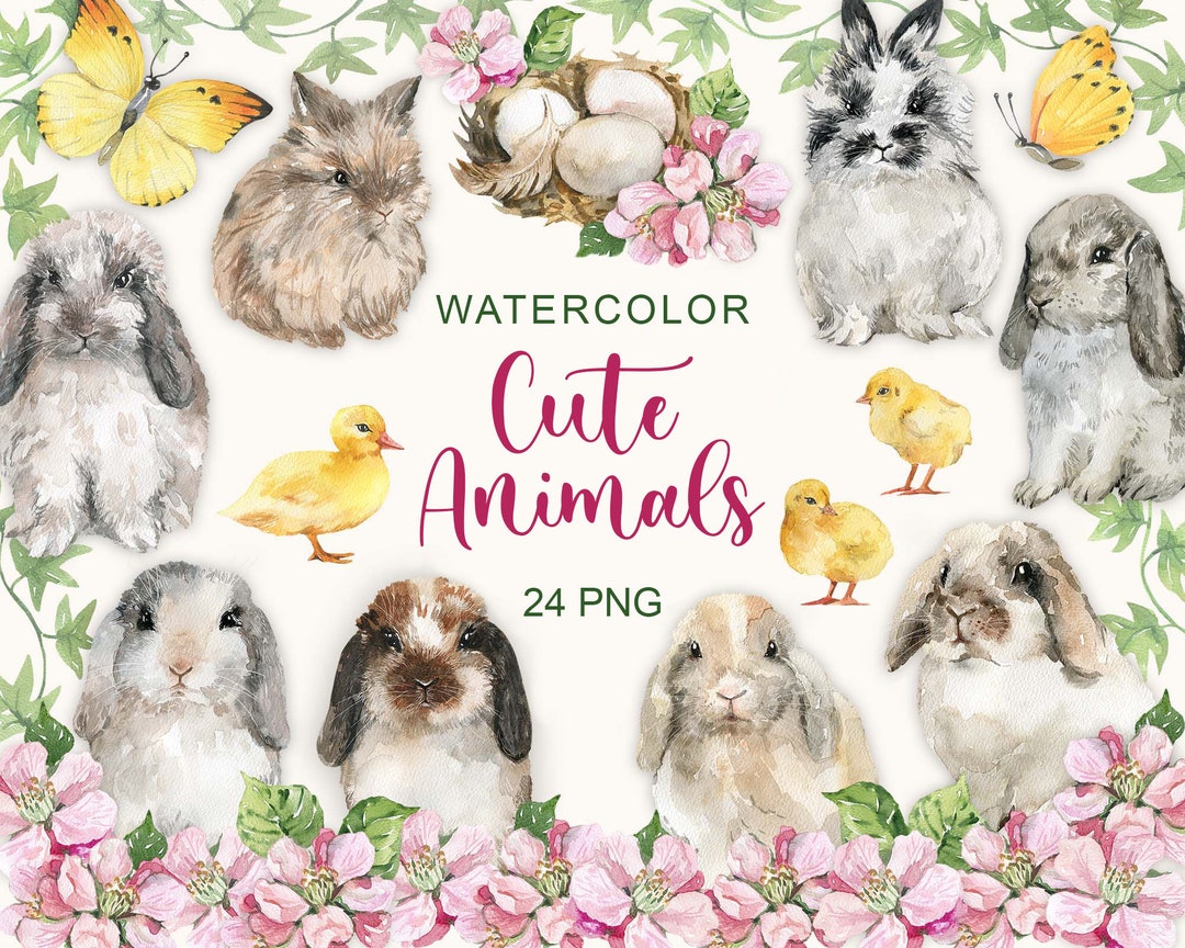 Watercolor Cute Animals Clipart, Bunny, Chicken, Duck, Cute Easter ...