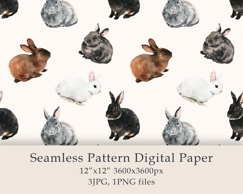 Watercolor Cute Rabbit Seamless Pattern Digital Paper Baby Bunny Fabric ...