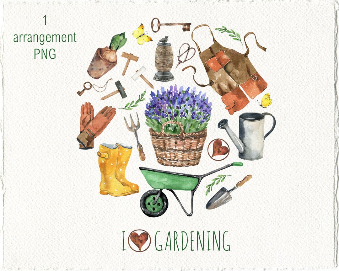 Watercolor Gardening Arrangement Clipart, Hand Painted, Garden Tools ...