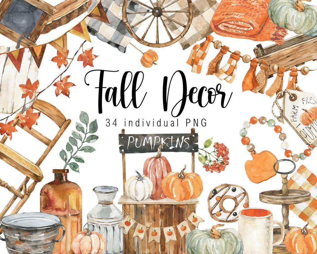 Watercolor Fall Clipart: Rustic Pumpkin Decor (PNG Digital) - Etsy