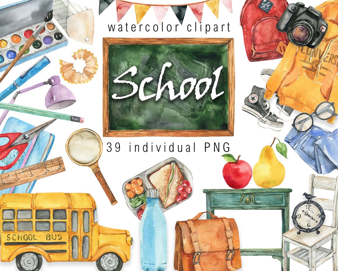 Watercolor Back to School Clipart School Accessories Teacher - Etsy