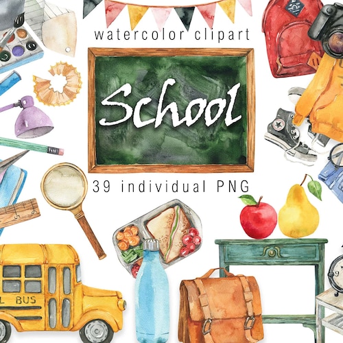 Watercolor Back to School Clipart School Accessories Teacher - Etsy