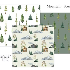 Mountain Scene Digital Papers Seamless Patterns Watercolor Woodland ...