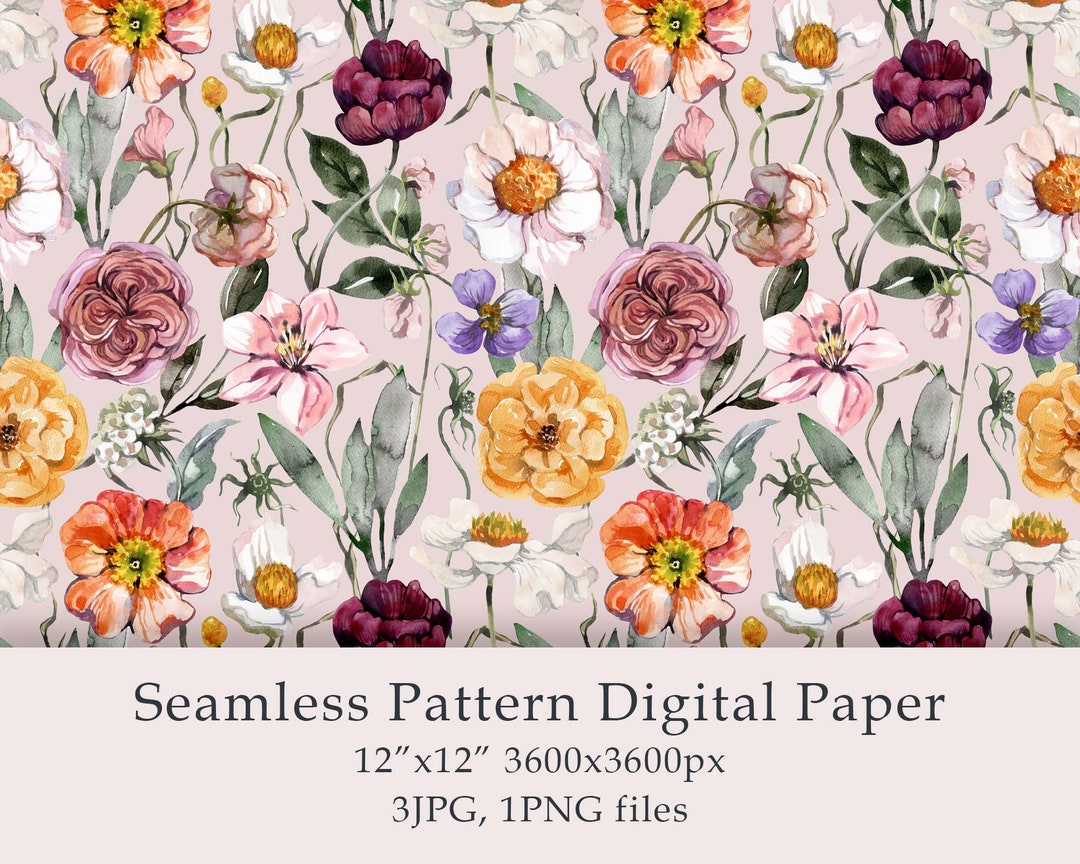 Watercolor Flowers Seamless Pattern Digital Paper Fabric Textile ...