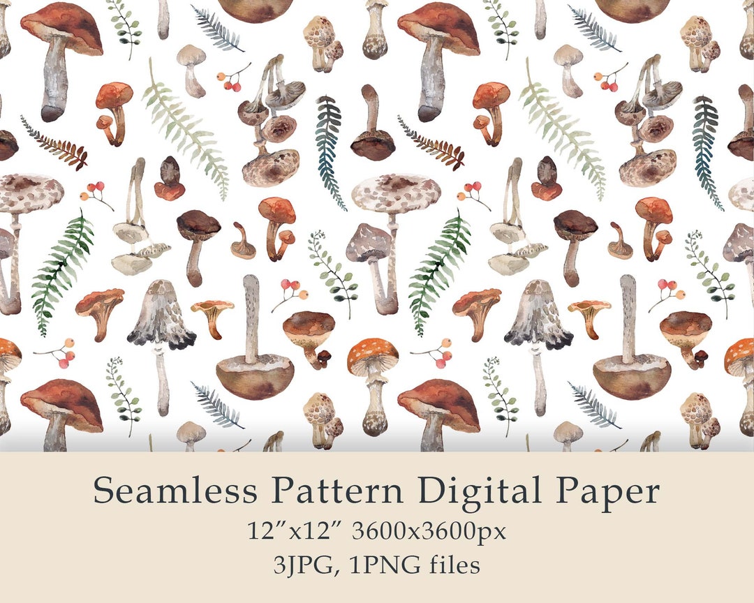 Watercolor Forest Mushrooms Seamless Pattern Digital Paper Birthday ...