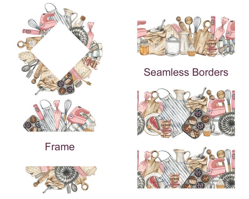 Watercolor Baking Clipart Frames, Kitchen PNG Graphics (digital ...