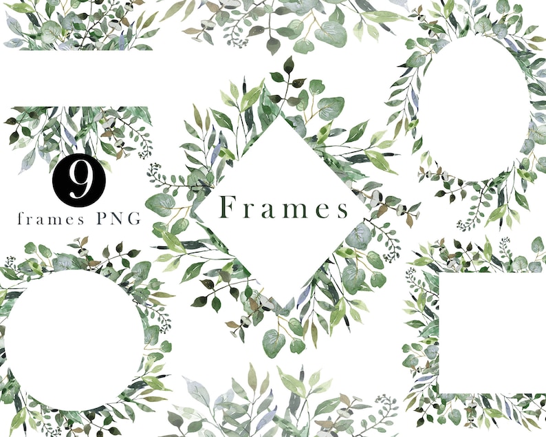 Watercolor Greenery Foliage Frame Bright Emerald Floral - Etsy