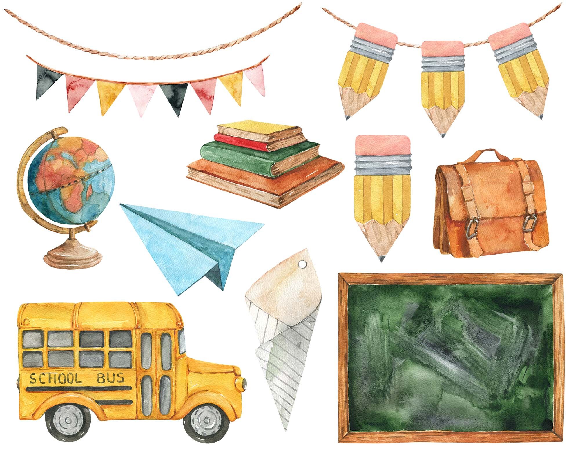 Watercolor Back to School Clipart School Accessories Teacher - Etsy