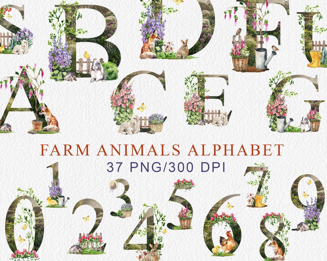 Watercolor Farm Animals Alphabet and Numbers, Watercolour Letters and ...