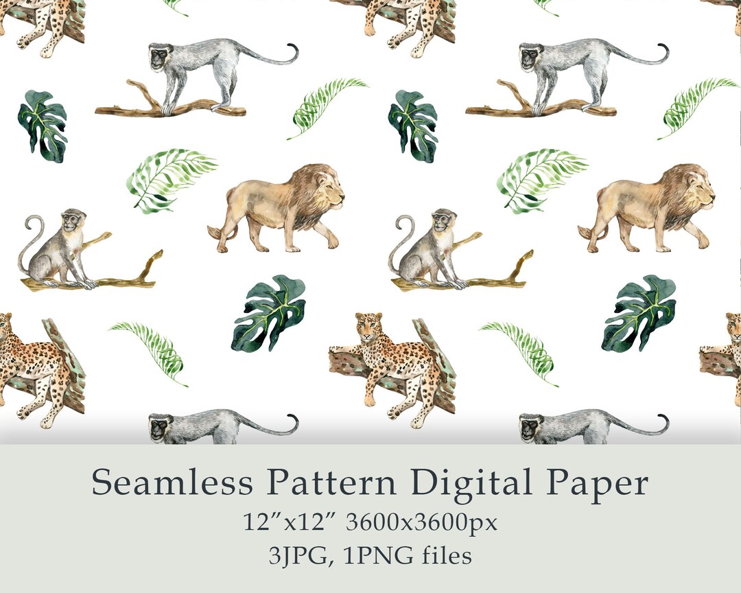 Watercolor Savanna Animals Seamless Pattern Digital Paper Lion Monkey ...