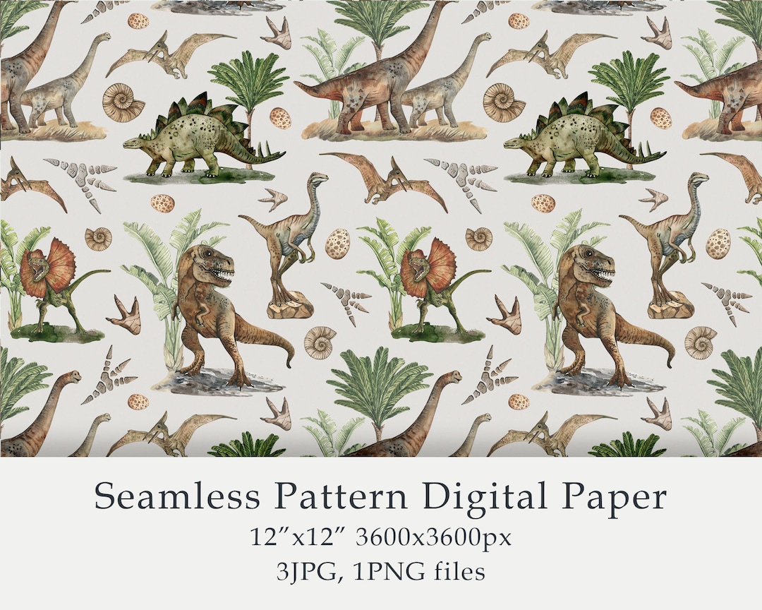 Watercolor Dinosaurs Seamless Pattern, Digital Paper, Dinosaur Birthday ...