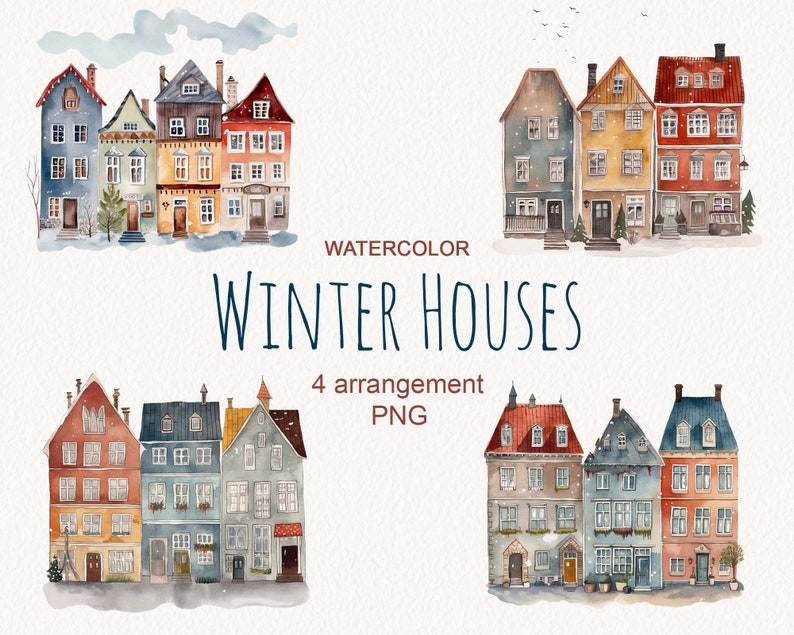 Watercolor Winter Houses Clipart Wedding Clipart Christmas Tree House ...
