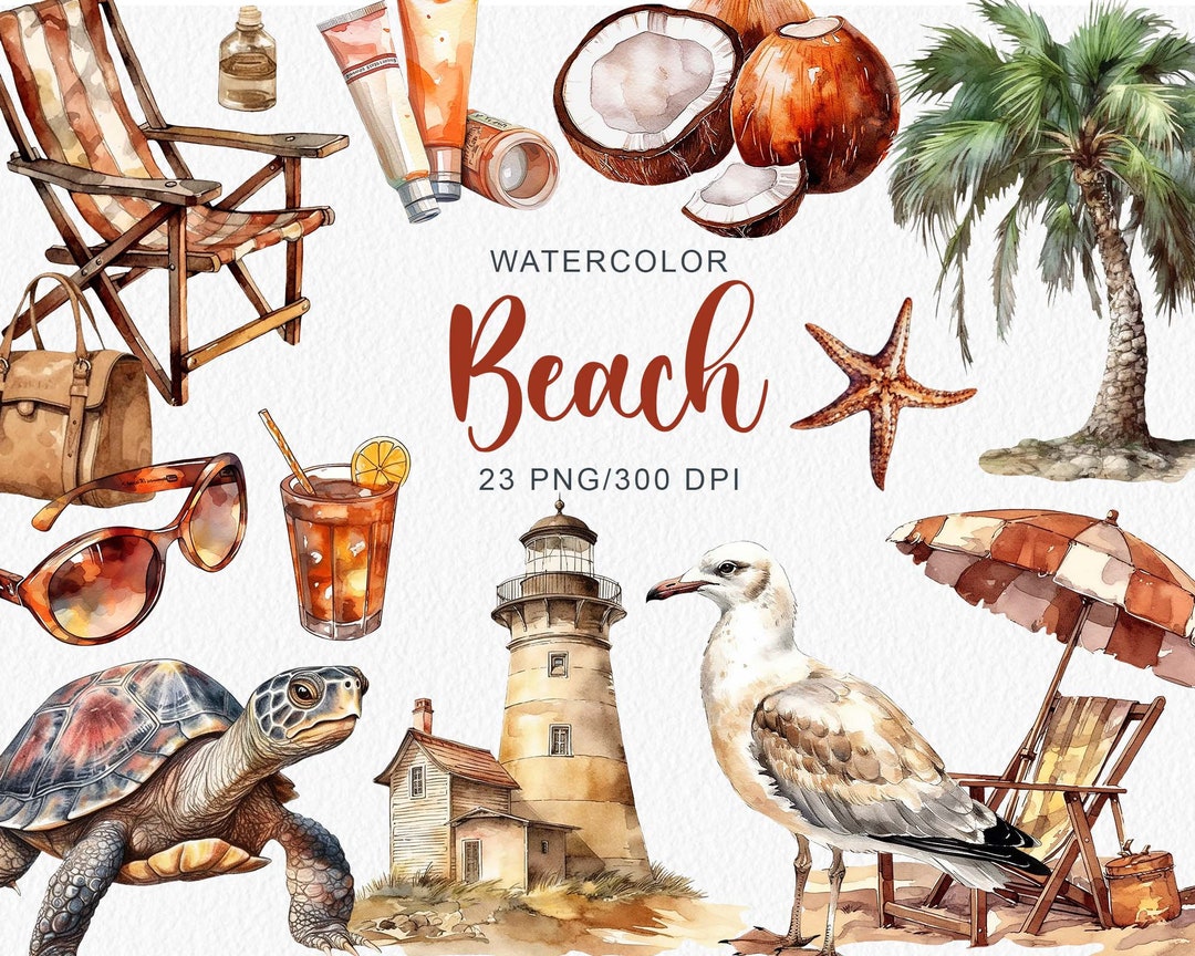 Watercolor Summer Beach Clipart Beach House Palm Tree Clip Art Summer ...