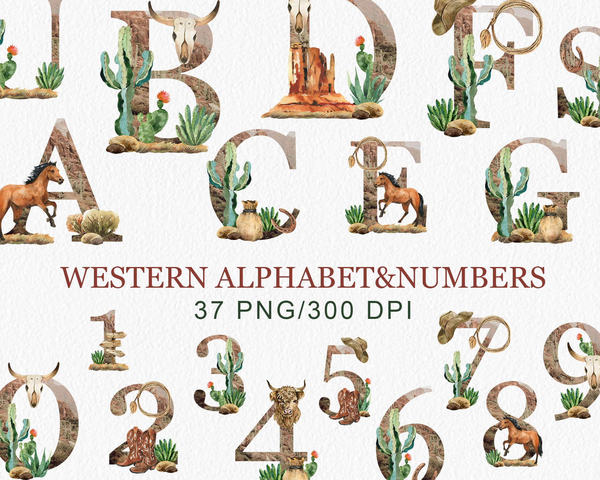 Watercolor Western Alphabet and Numbers, Watercolour Letters and Number ...