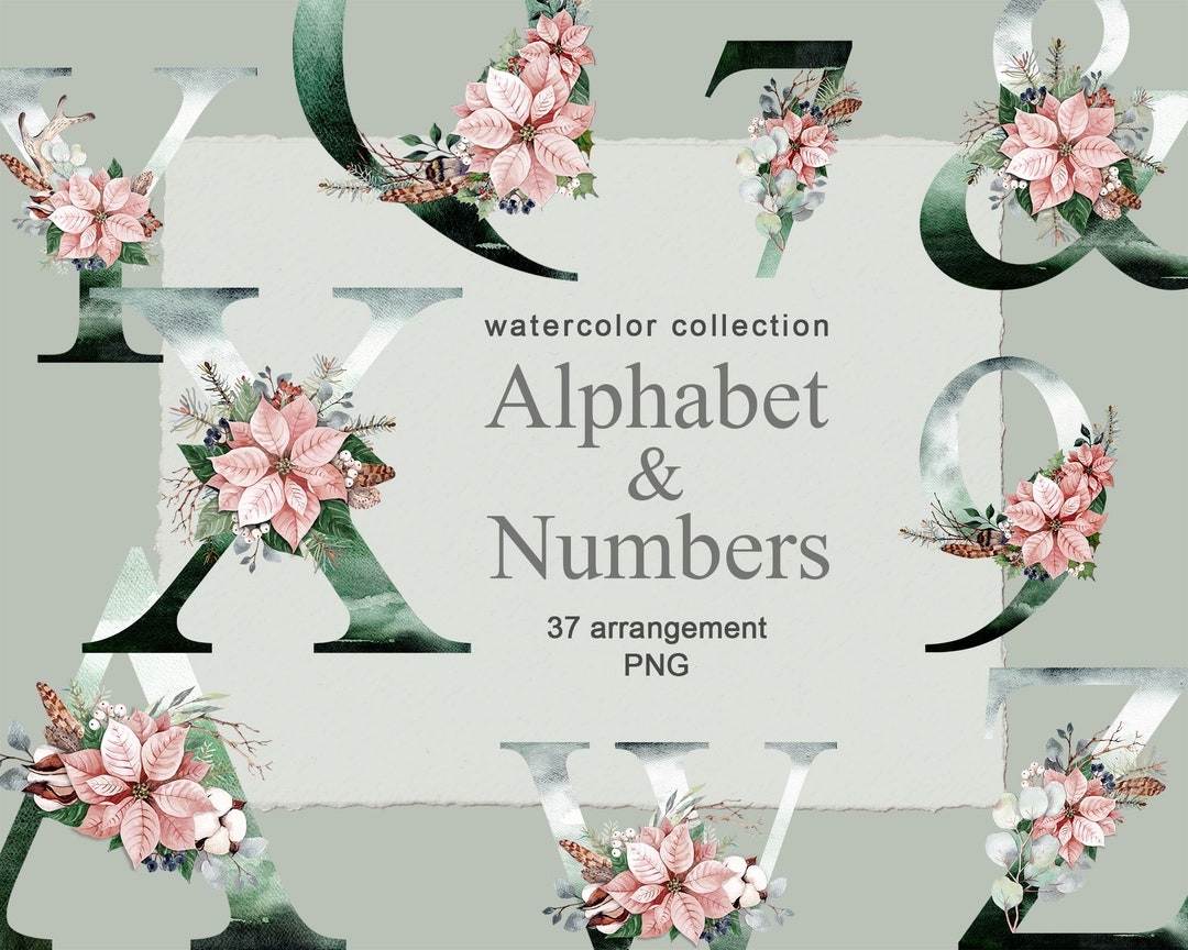 Watercolor Floral Alphabet Christmas Decor Winter Flower Letters Number ...