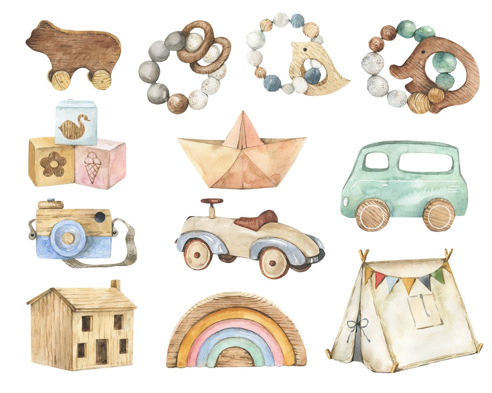Watercolor Eco Toys Clipart Boho Baby Watercolor Clipart Birthday ...