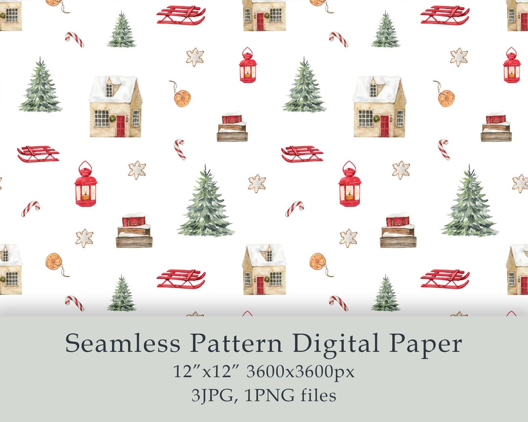 Watercolor Christmas House Seamless Pattern Digital Paper Winter Decor ...