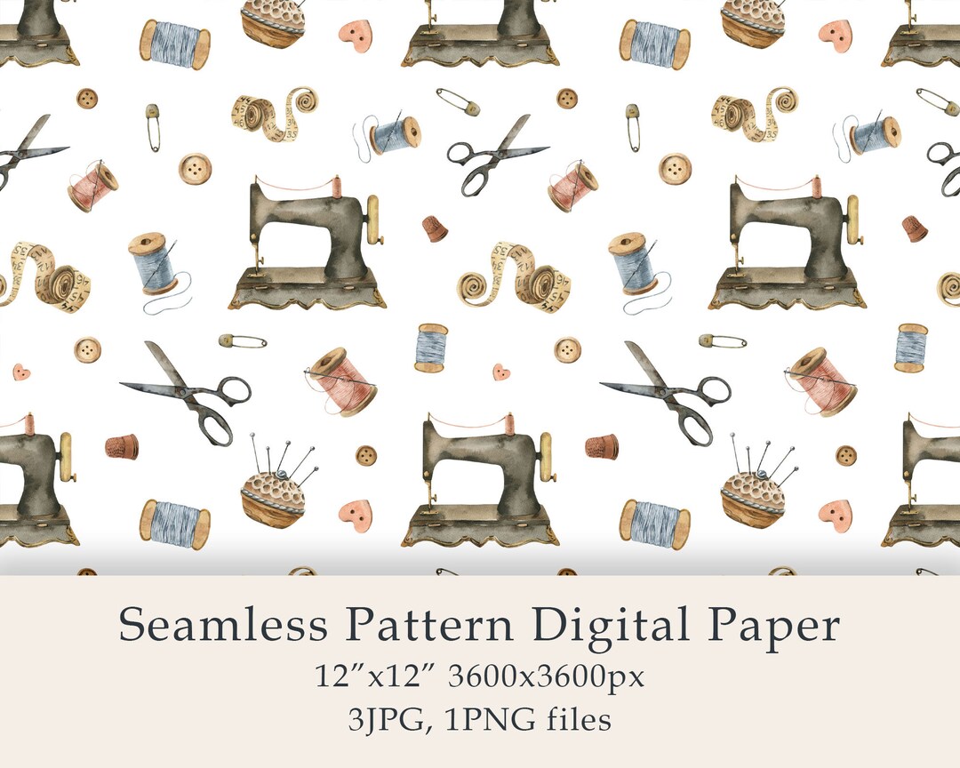 Watercolor Sewing Seamless Pattern Digital Paper Sewing Machine ...
