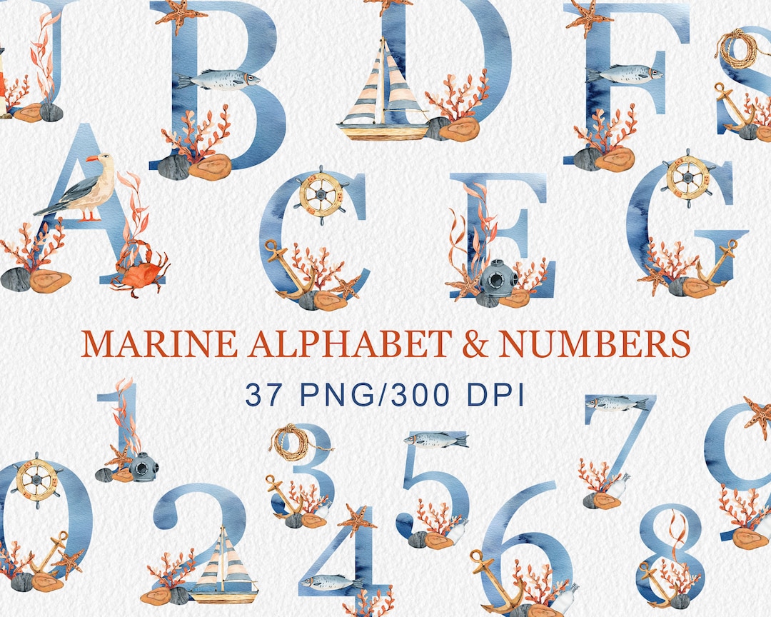 Watercolor Marine Alphabet and Numbers, Watercolour Letters and Number ...