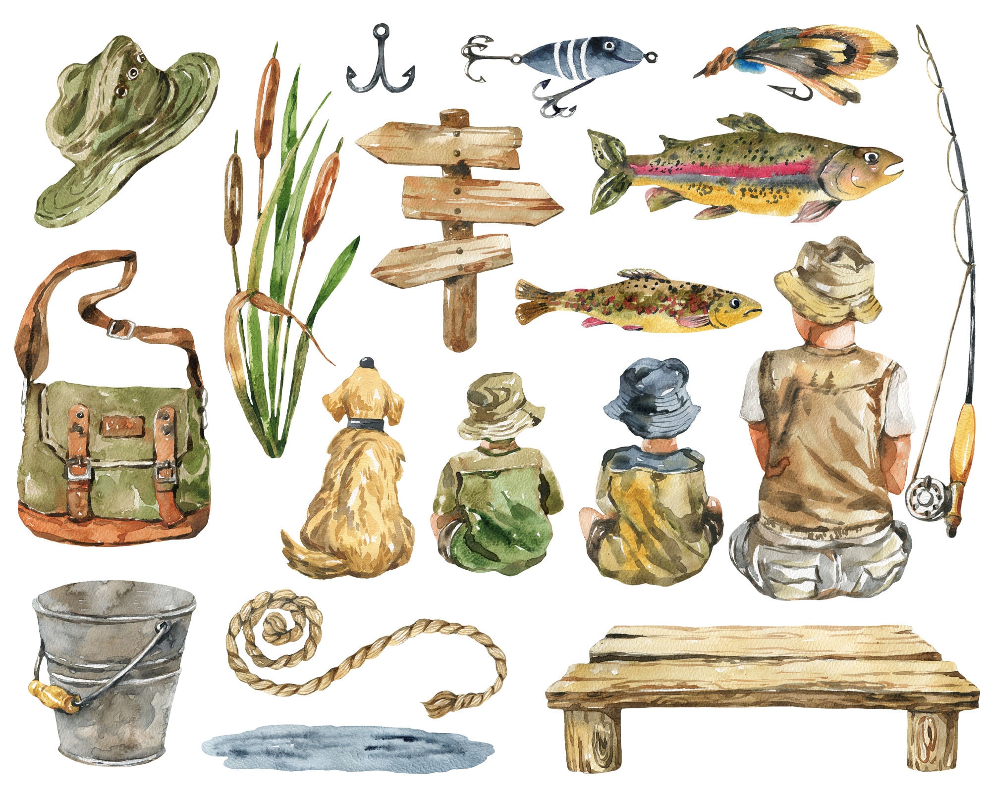 Watercolor Fishing Clipart Fish PNG People Clip Art Animals - Etsy