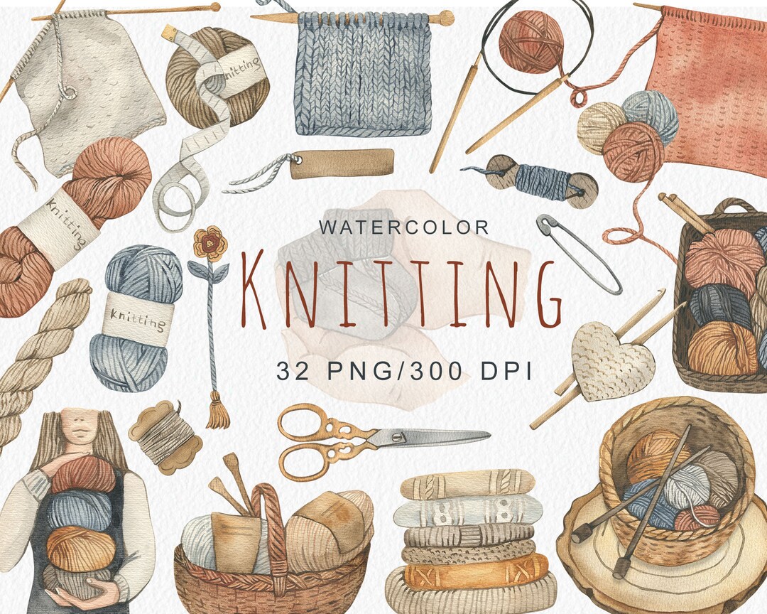 Watercolor Vintage Knitting Clipart Hand Painted Crochet Needlework ...